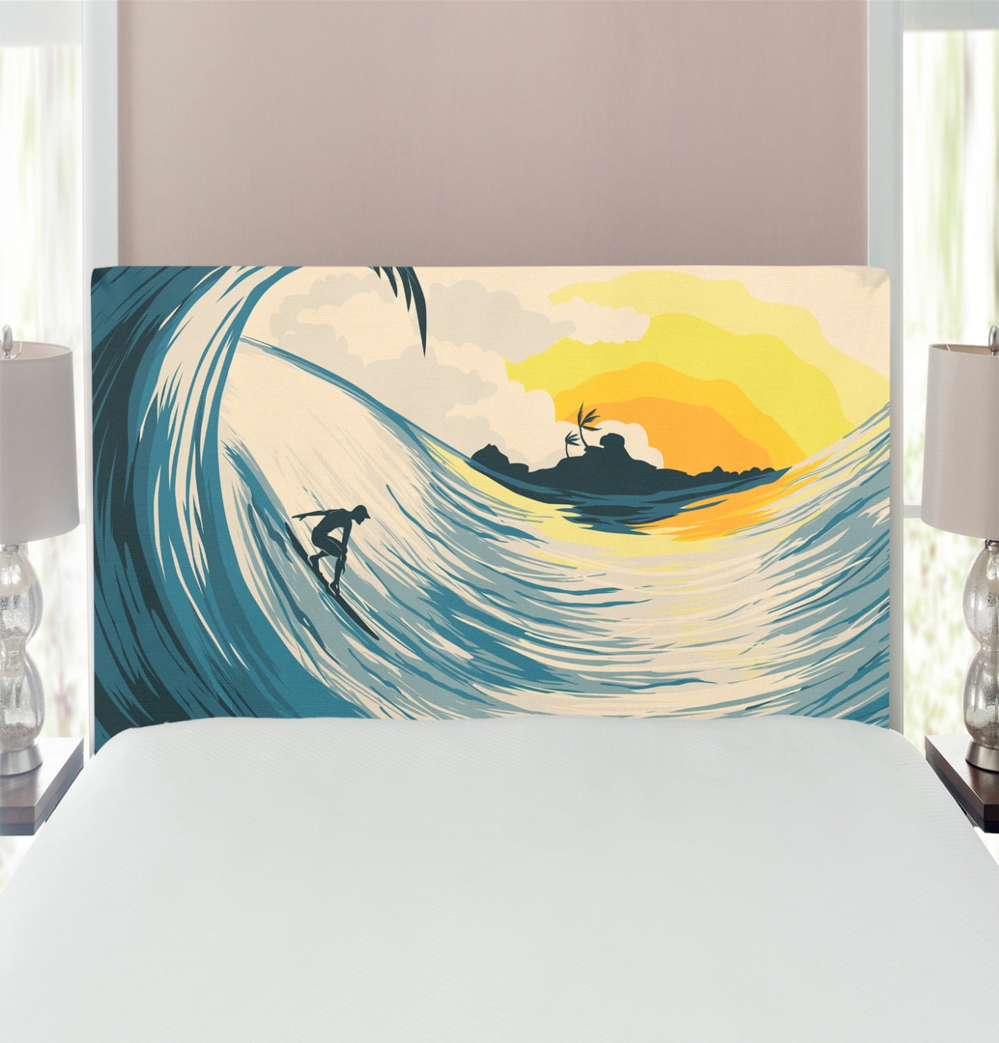 Ocean Headboard, Illustration of Cloudy Sky Tropical Island Wave and ...