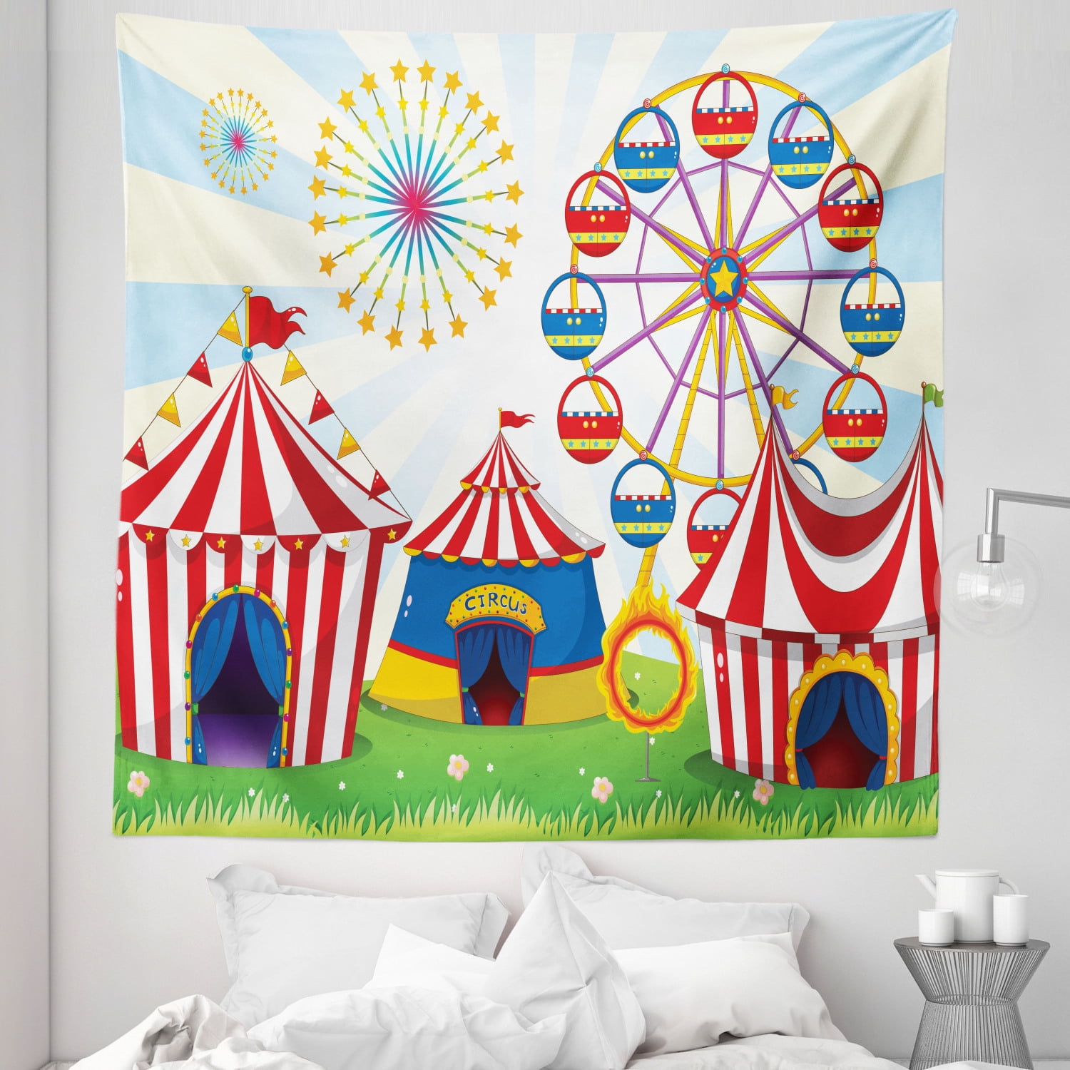 Ferris Wheel Tapestry, Illustration of a Carnival with Striped Tents ...