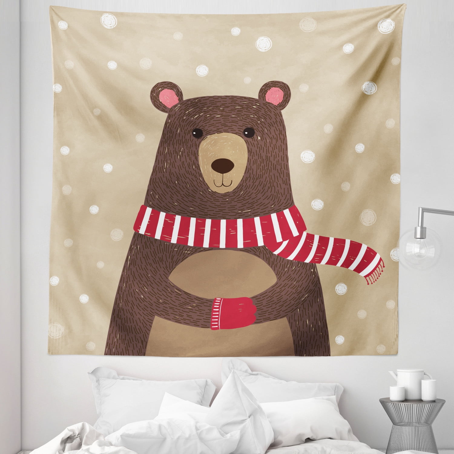 Cartoon Tapestry, Bear Wearing Red Scarf Under Snow Winter Cold Weather ...