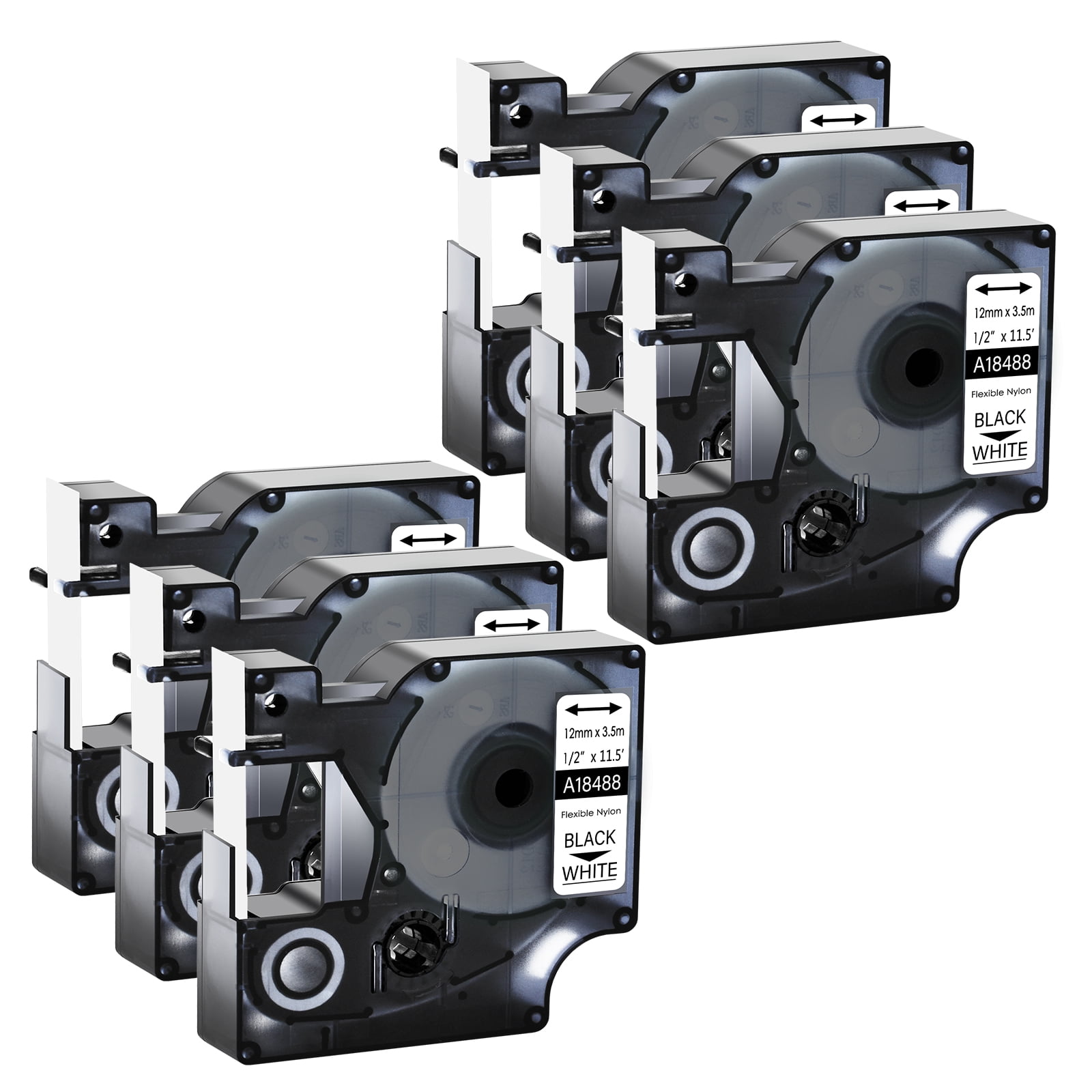 GREENCYCLE 6PK Compatible for DYMO 18488 12mm 1/2" Black on White Industrial Flexible Nylon ...