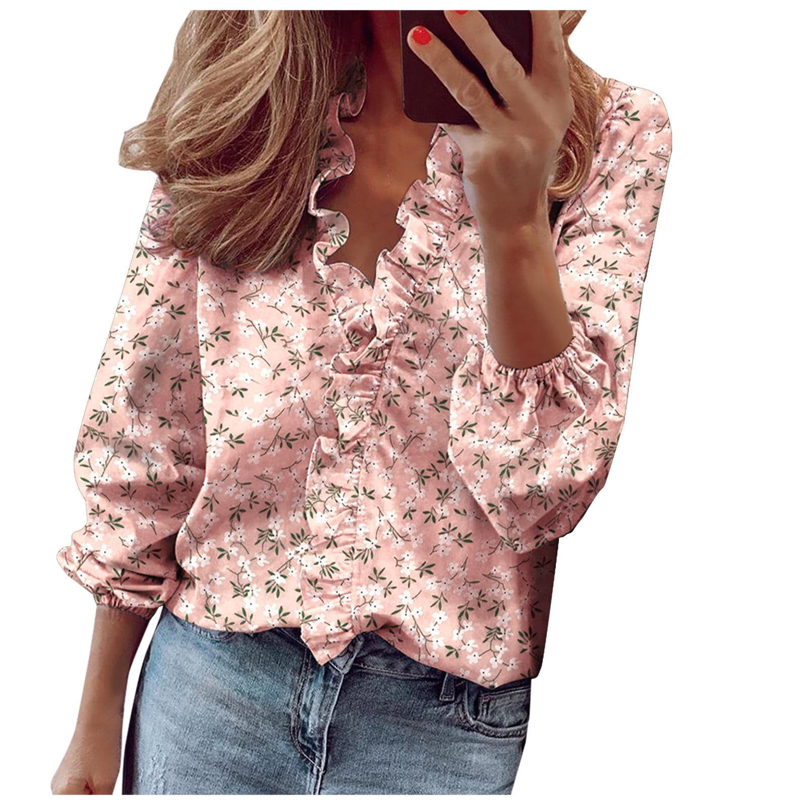 Women's Casual Solid Color Ruffle Collar Long Sleeve Ruffle Shirt ...