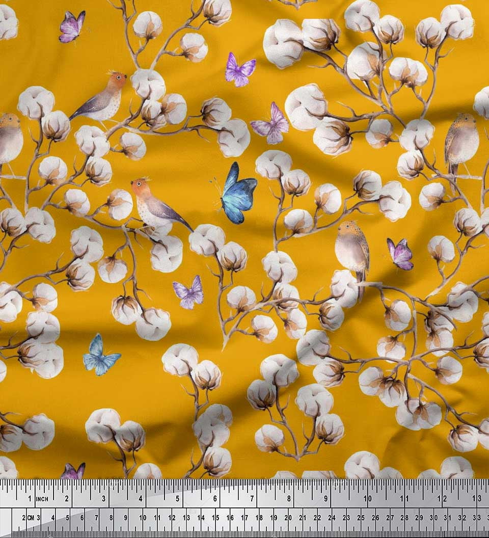 Soimoi Gold Viscose Chiffon Fabric Butterfly,Robin & Cotton Ball Floral ...