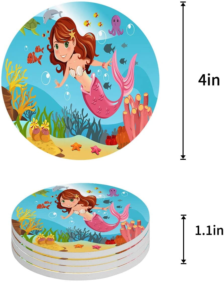 FMSHPON Mermaid Set of 6 Round Coaster for Drinks, Absorbent Ceramic ...