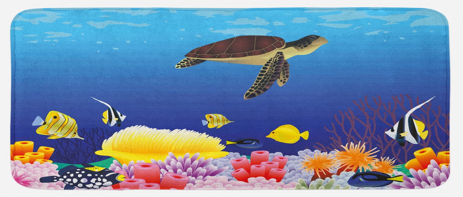 Ocean Kitchen Mat, Modern Cartoon Deep Sea Nautical Navy Aquarium Fish ...