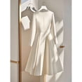 Beige Elegant Midi Dress With Cinched Waist And Metal Buckle Belt, Long ...