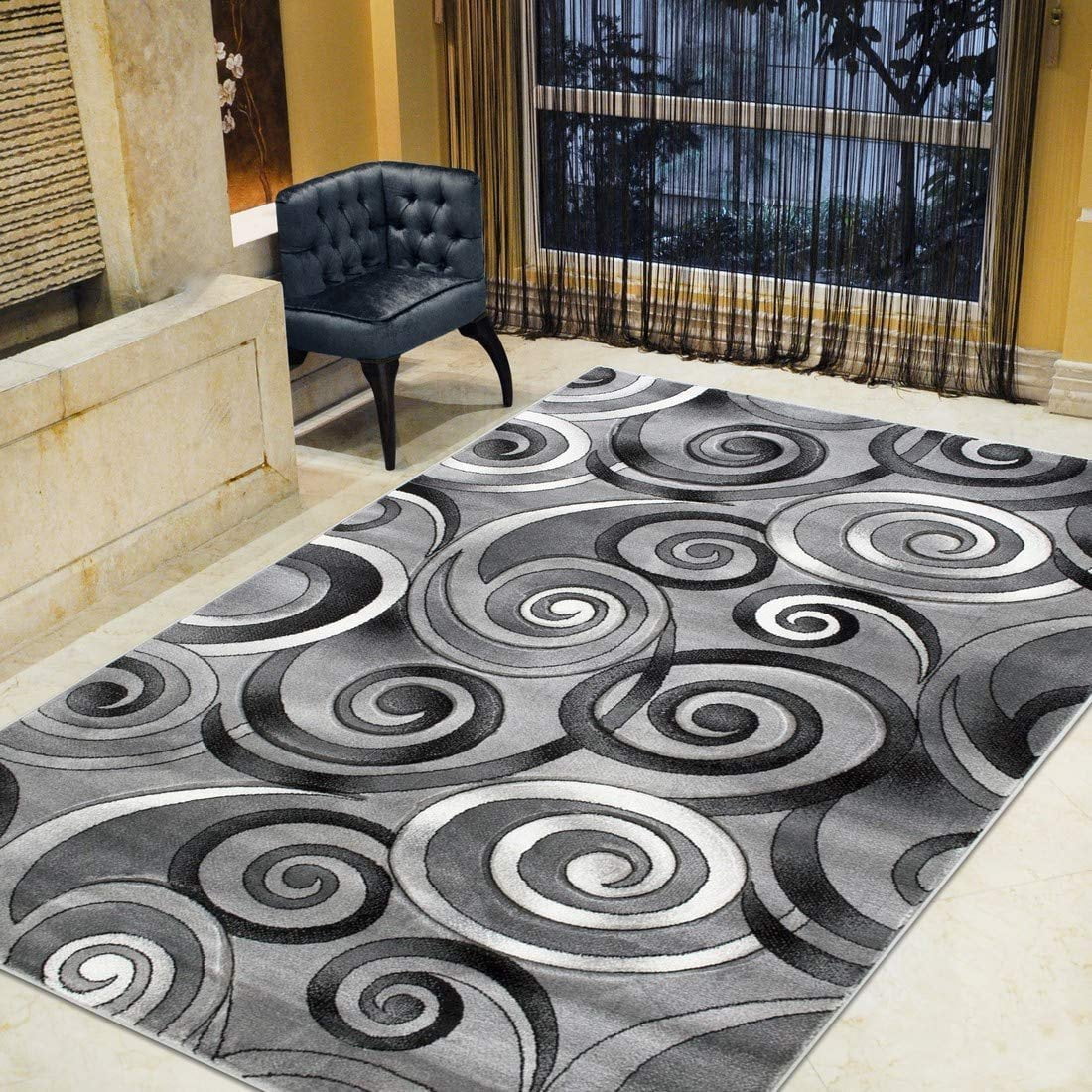Spiral/Swirls Modern Contemporary Hand Carved Area Rug-Silver/Gray ...