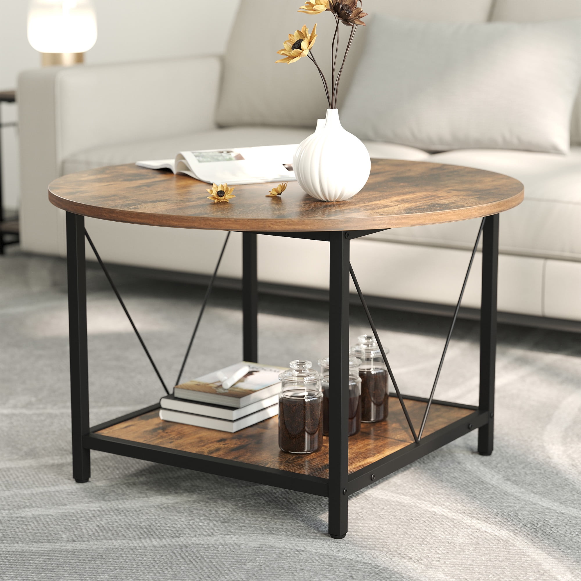 Dextrus Round Coffee Table with Storage Rustic Living Room Tables with Sturdy Metal Legs Brown