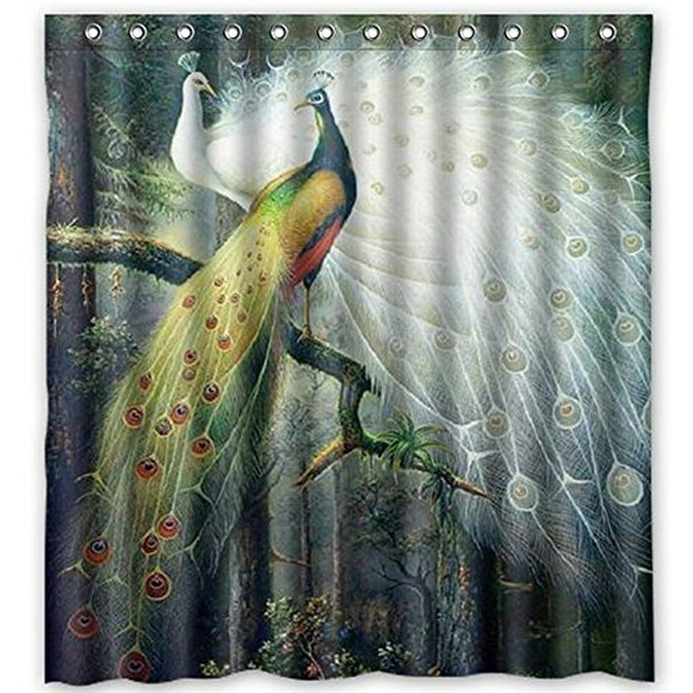 Hellodecor Peacock Shower Curtain Polyester Fabric Bathroom Decorative Curtain Size 66x72 Inches