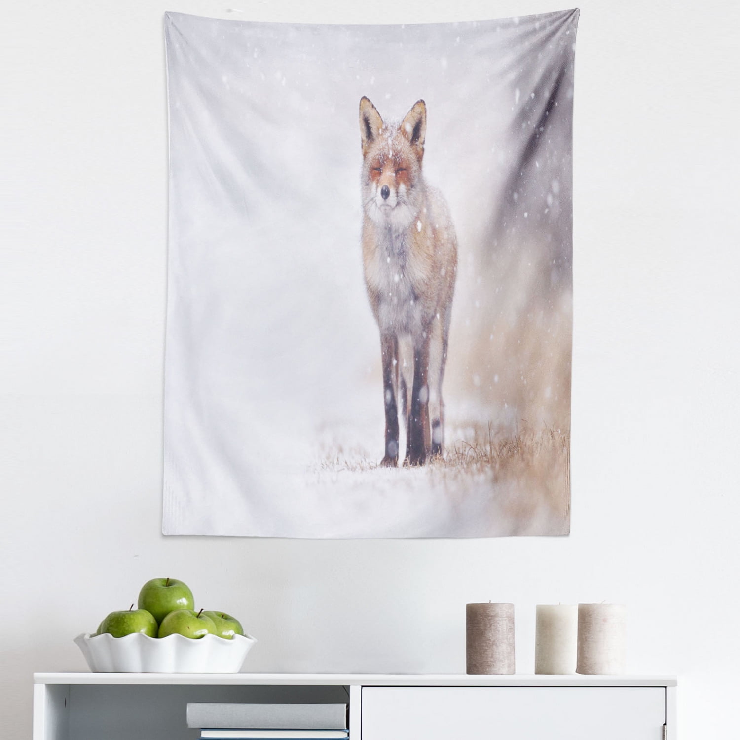 Fox Tapestry, Red Fox in Rural Environment Field Covered with Snow ...