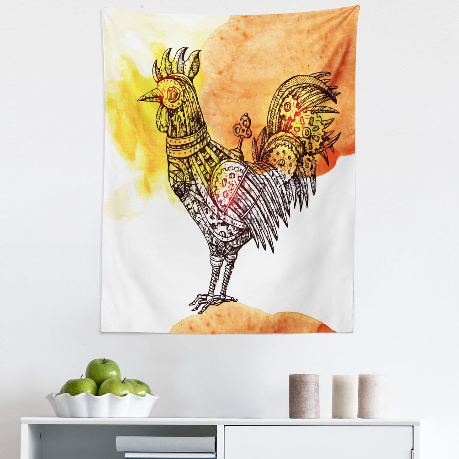 Steampunk Tapestry, Retro Illustration of Mechanical Rooster in Sketch ...