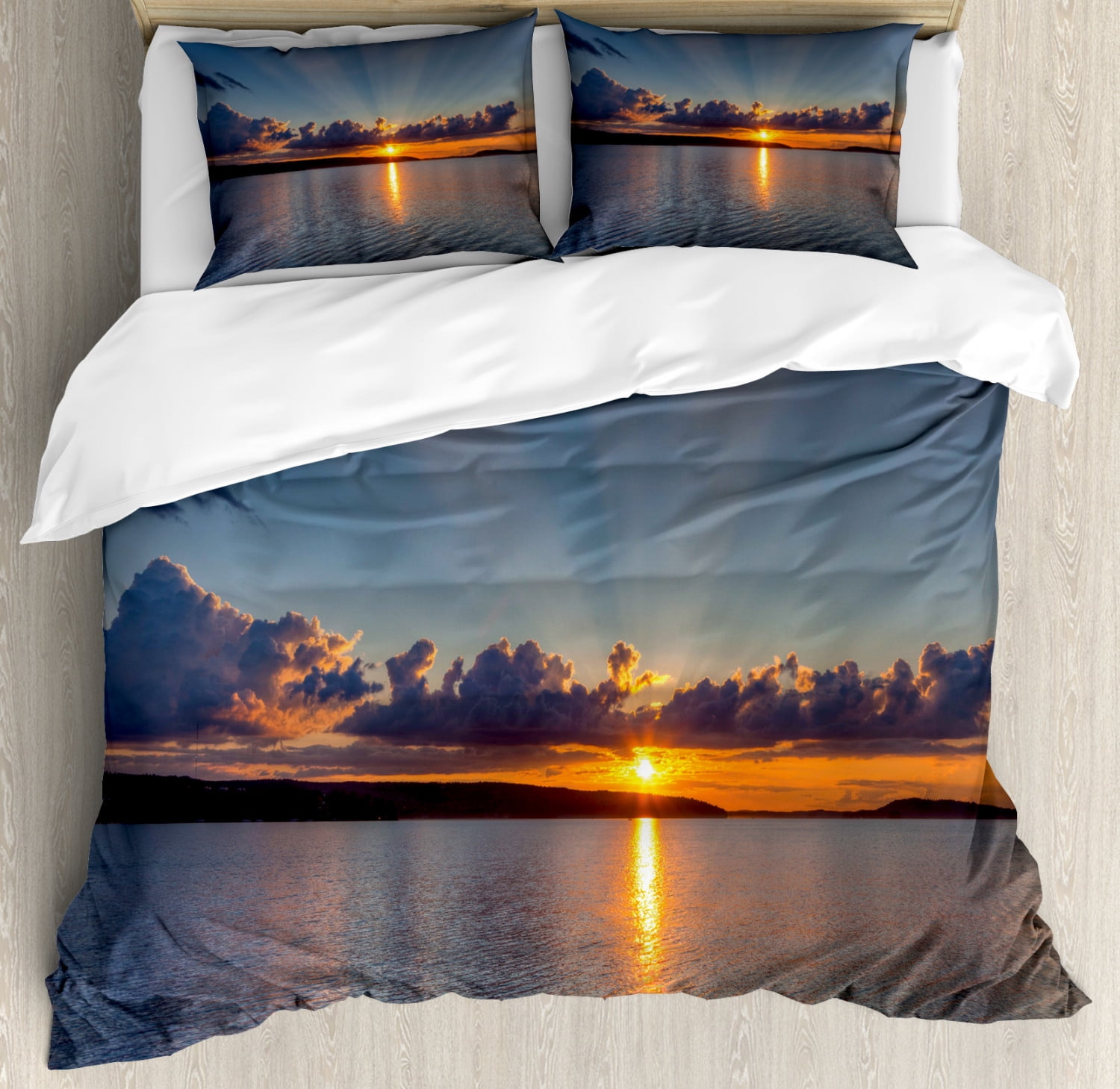 Sunset Duvet Cover Set Queen Size, Sunset over Horizon Fluffy Clouds ...