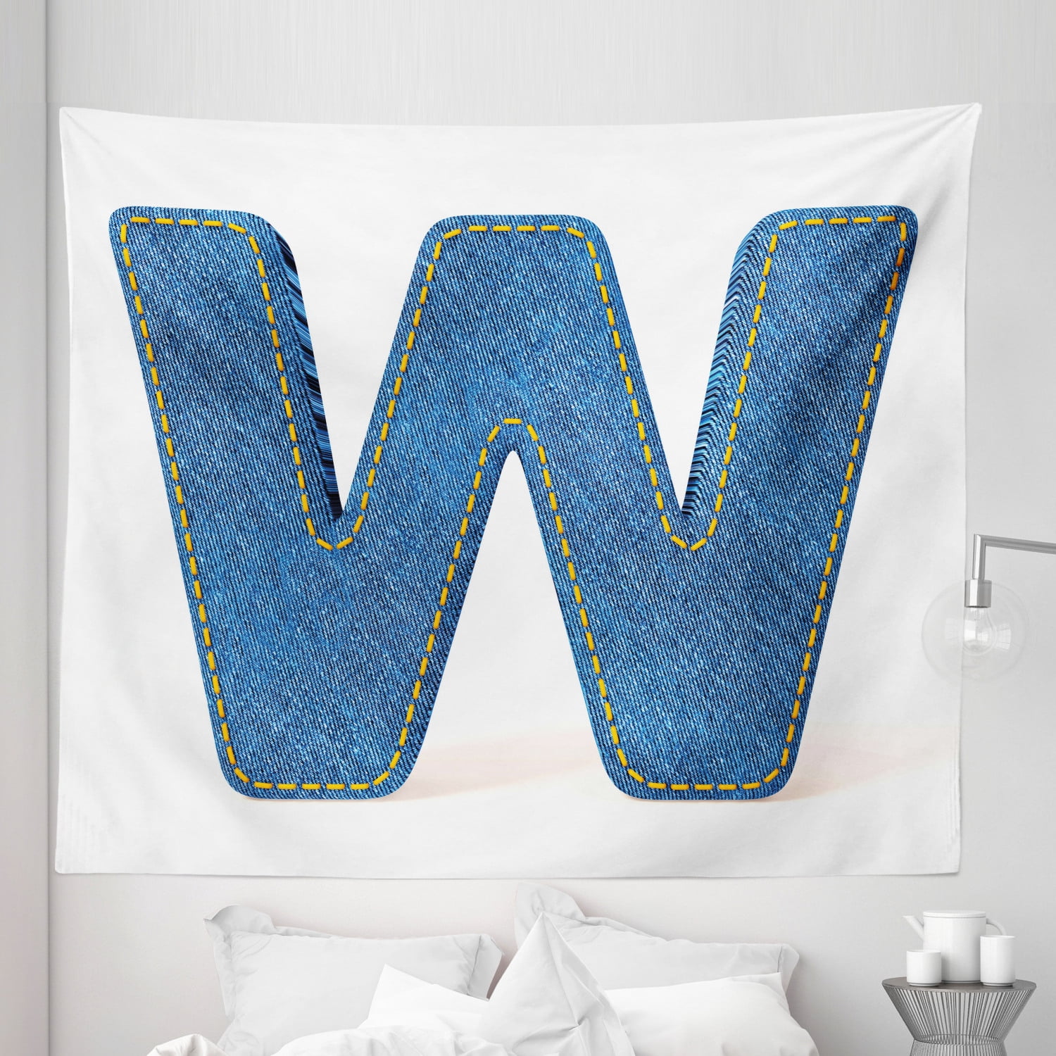 Letter W Tapestry, Symmetrical Latin Letter Capital W with Blue Jean ...