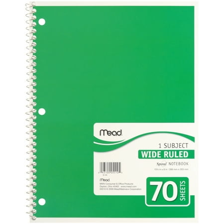 Mead 1 Subject Wide Ruled Spiral-Bound Notebook 10.5"X8"-70 Sheets 5510 ...
