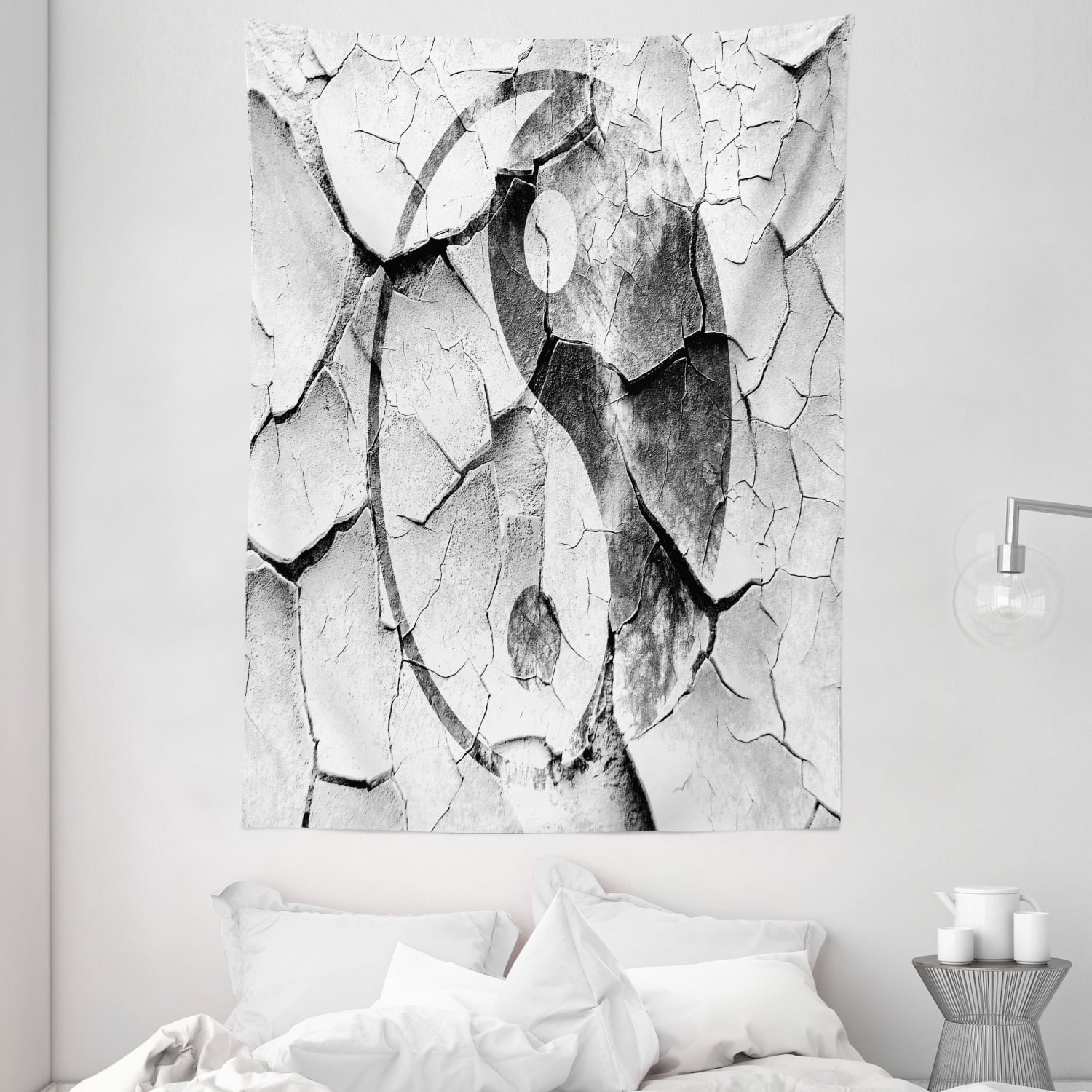Ying Yang Tapestry, Grunge Cracked Yin Yang Sign on the Wall Graphic ...