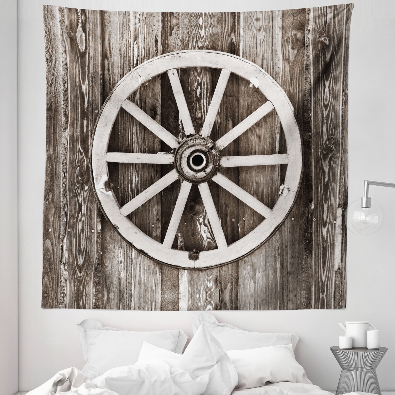 Wagon Wheel Tapestry, Retro Wheel on Timber Wall Barn House Village ...