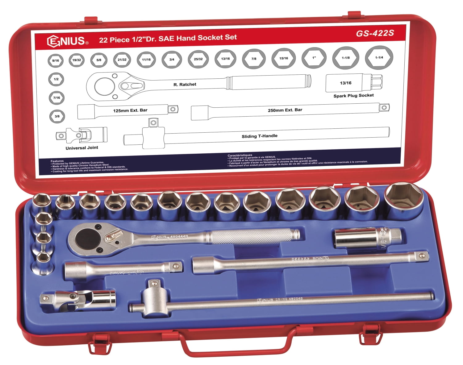 Genius Tools 22 Piece 1/2" Dr. SAE Hand Socket Set - GS-422S - Walmart.com
