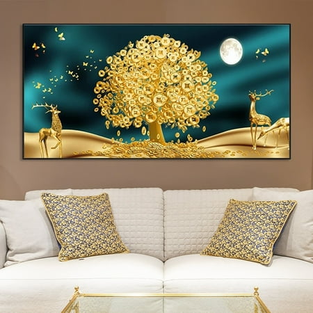 Golden Wall Art Deer Money Tree Wall Picture Islamic Canvas Painting ...