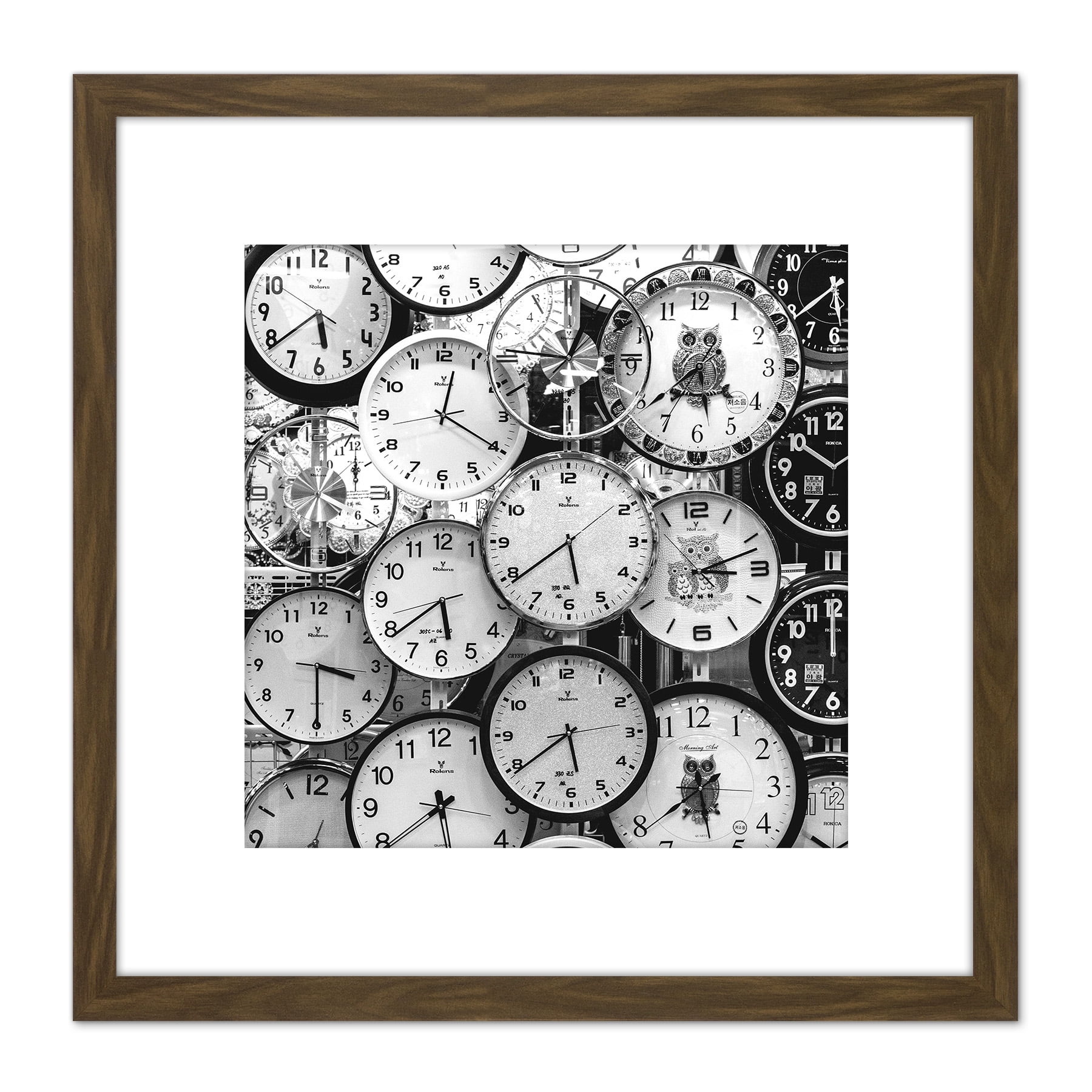 Clock Faces Time Black White Photo 8X8 Inch Square Wooden Framed Wall ...