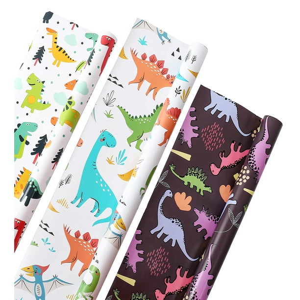 Birthday Wrapping Paper for Kids Boys Girls - 3 Styles Dinosaur Gift ...