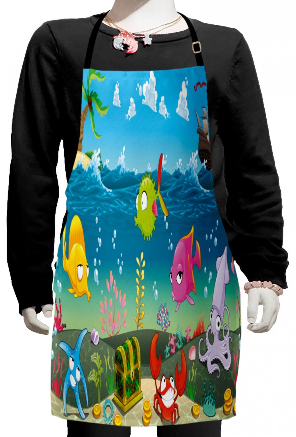 Animal Kids Apron, Funny Sea Animals Underwater Ocean View Sail Boat ...