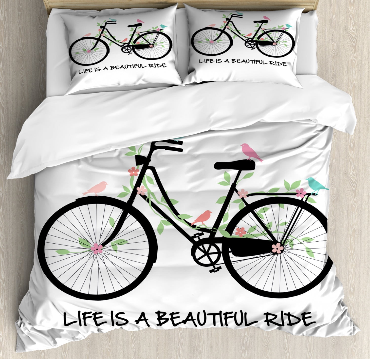 Saying Duvet Cover Set King Size, Vintage Bicycle with Birds Flowers on ...