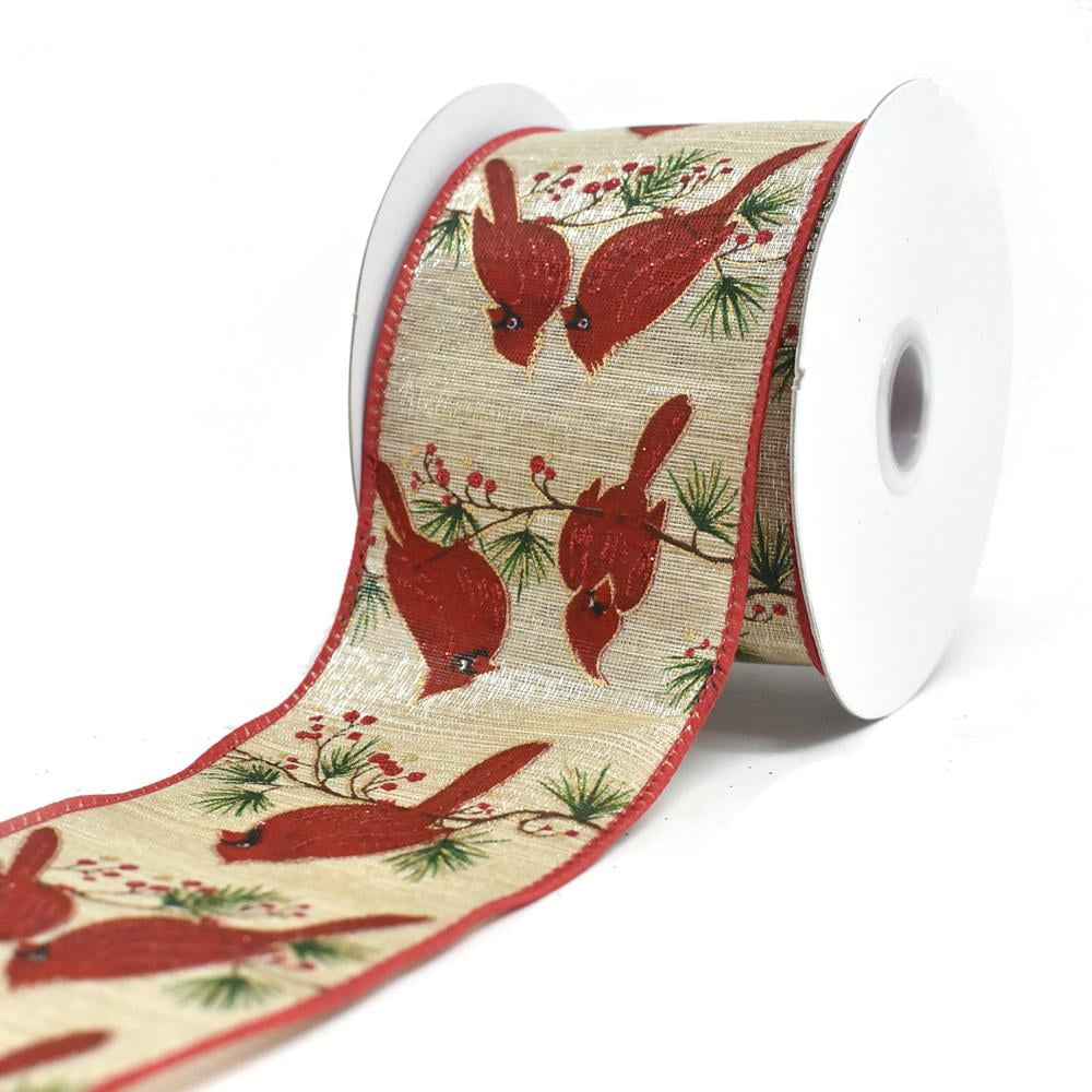 Cardinals Wood Grain Linen Wired Edge Linen Christmas Ribbon, Natural ...