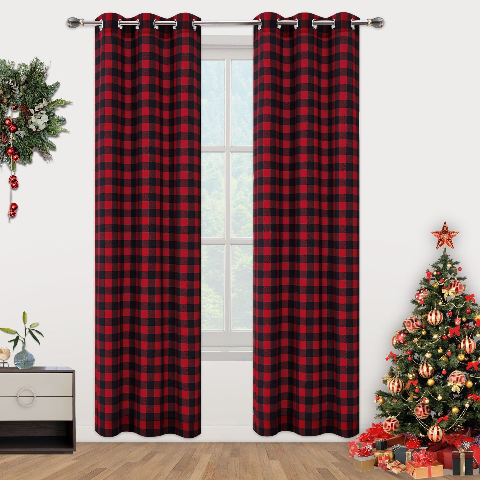 Haperlare Christmas Buffalo Plaid Curtain 37"W x 84"L Rustic Gingham ...