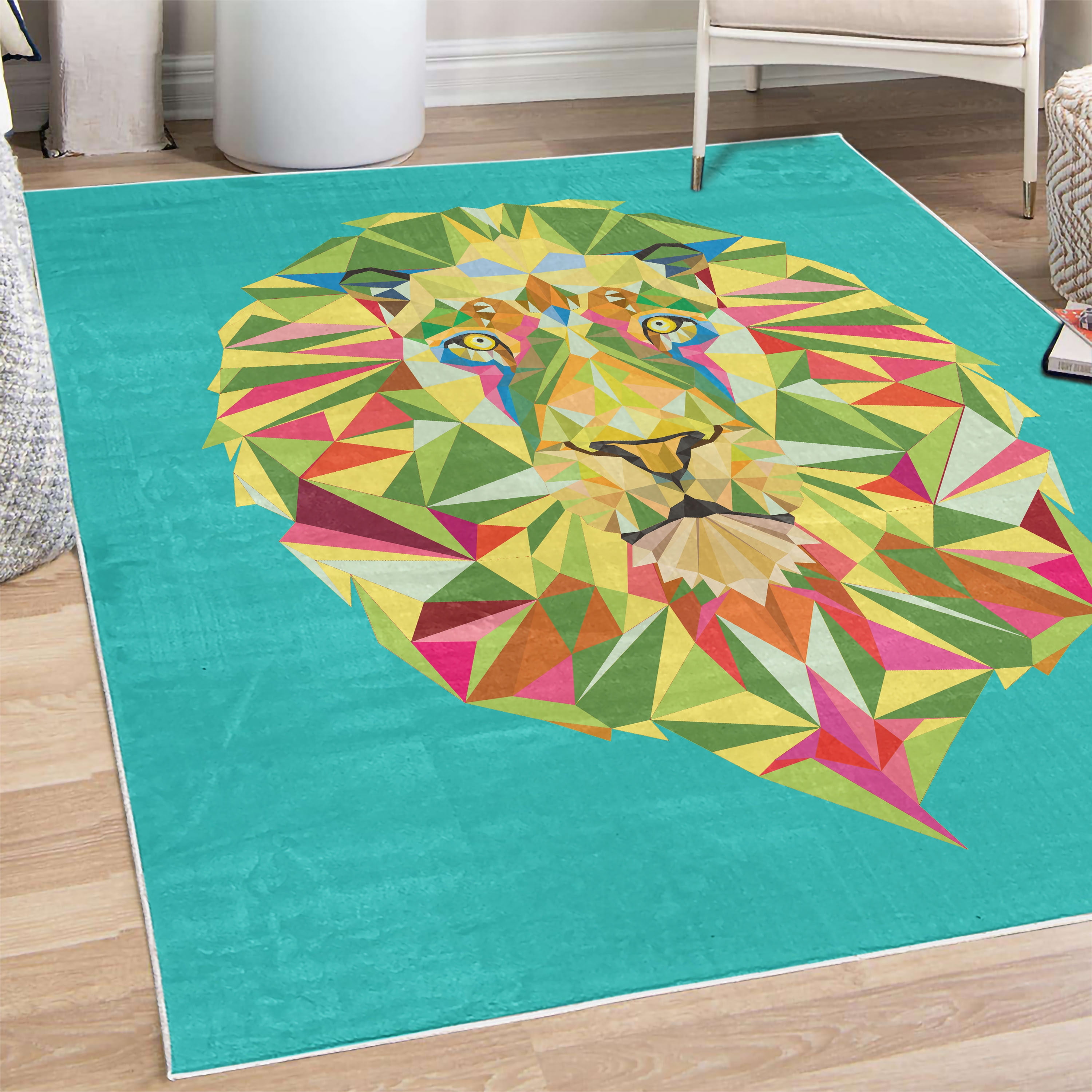 Zoo Decorative Rug, Colorful Animals Geometric Diamond Face Lions Mane ...