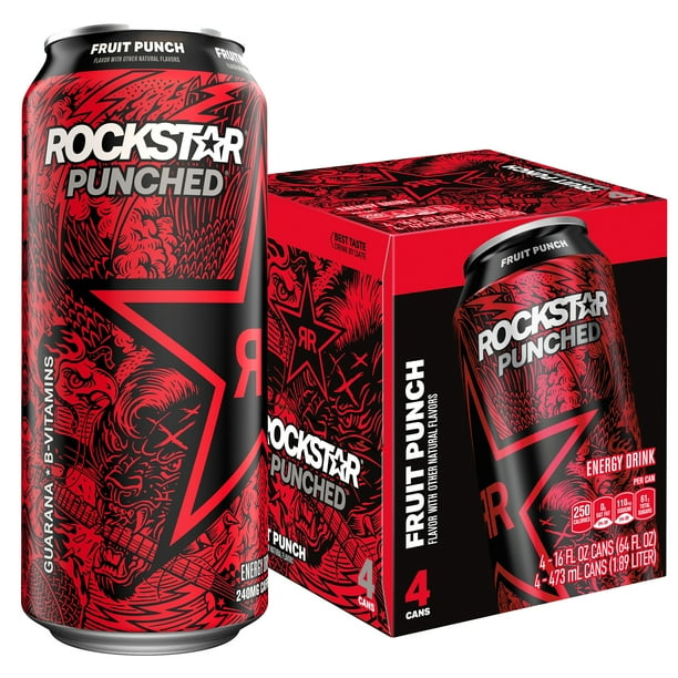 Rockstar Punched Fruit Punch Energy Drink, 16 oz, 4 Pack Cans - Walmart.com