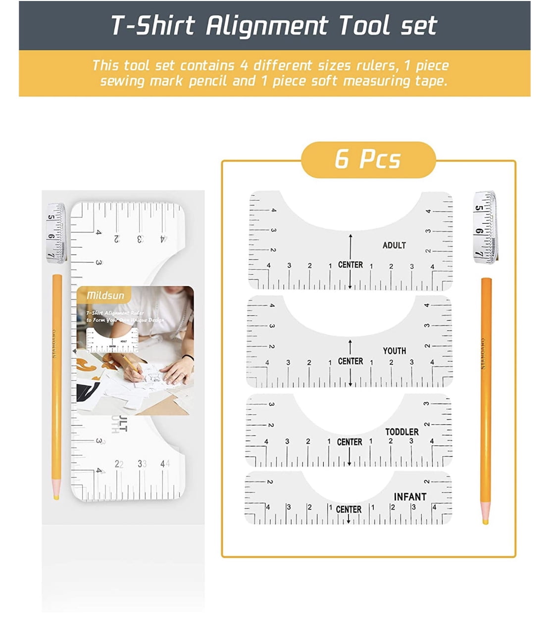 6 Pcs T-Shirt Ruler Guide Alignment Tool To Center Designs T-Shirt for ...