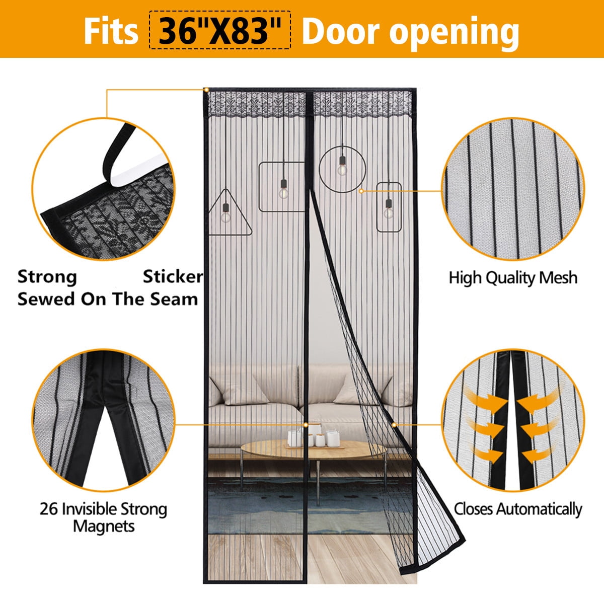 36"x83" Magnetic Screen Door with Full Frame Stick, Bug Off Screen Door ...