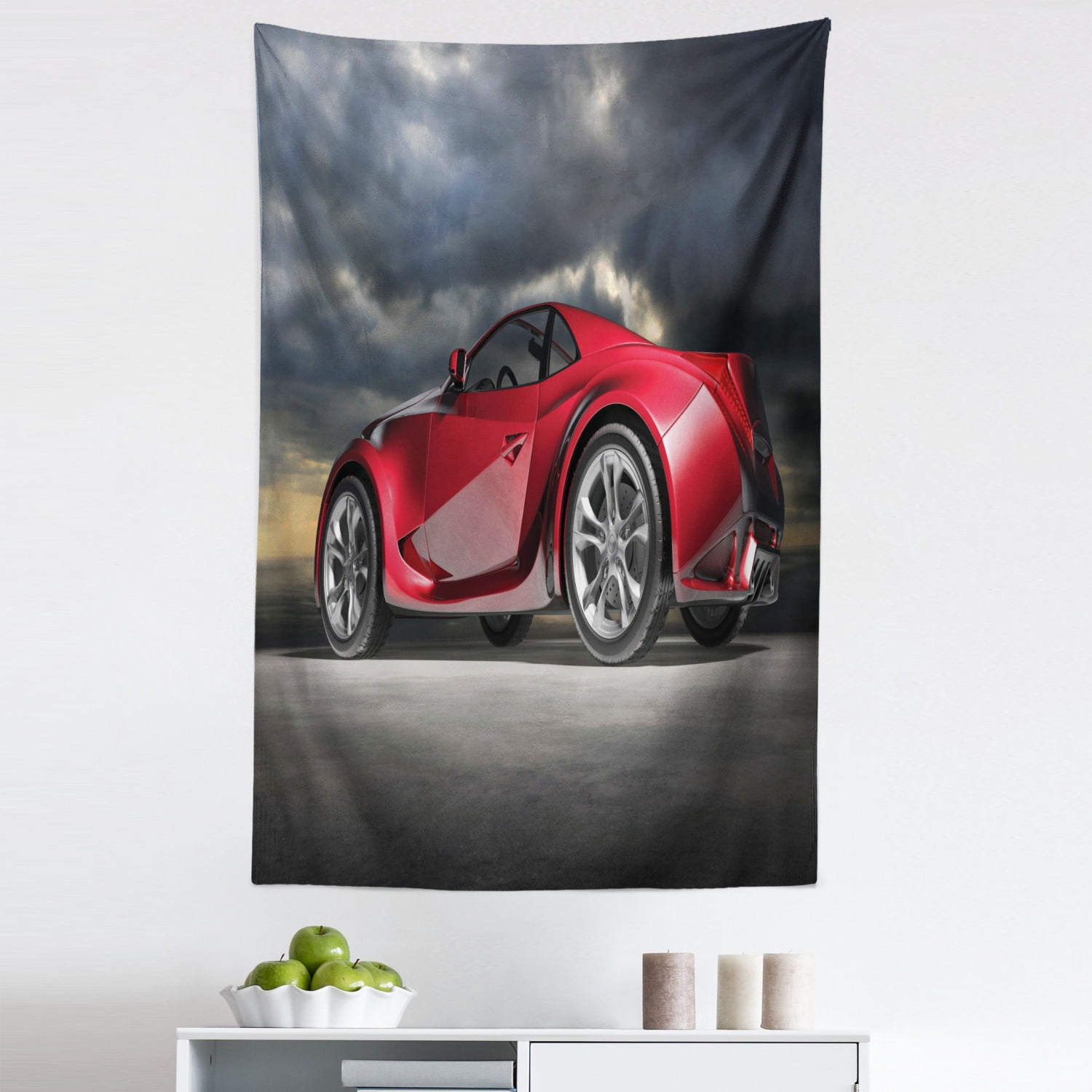 Cars Tapestry, Modern Red Sports Car on Dramatic Sky Backdrop with Dark ...