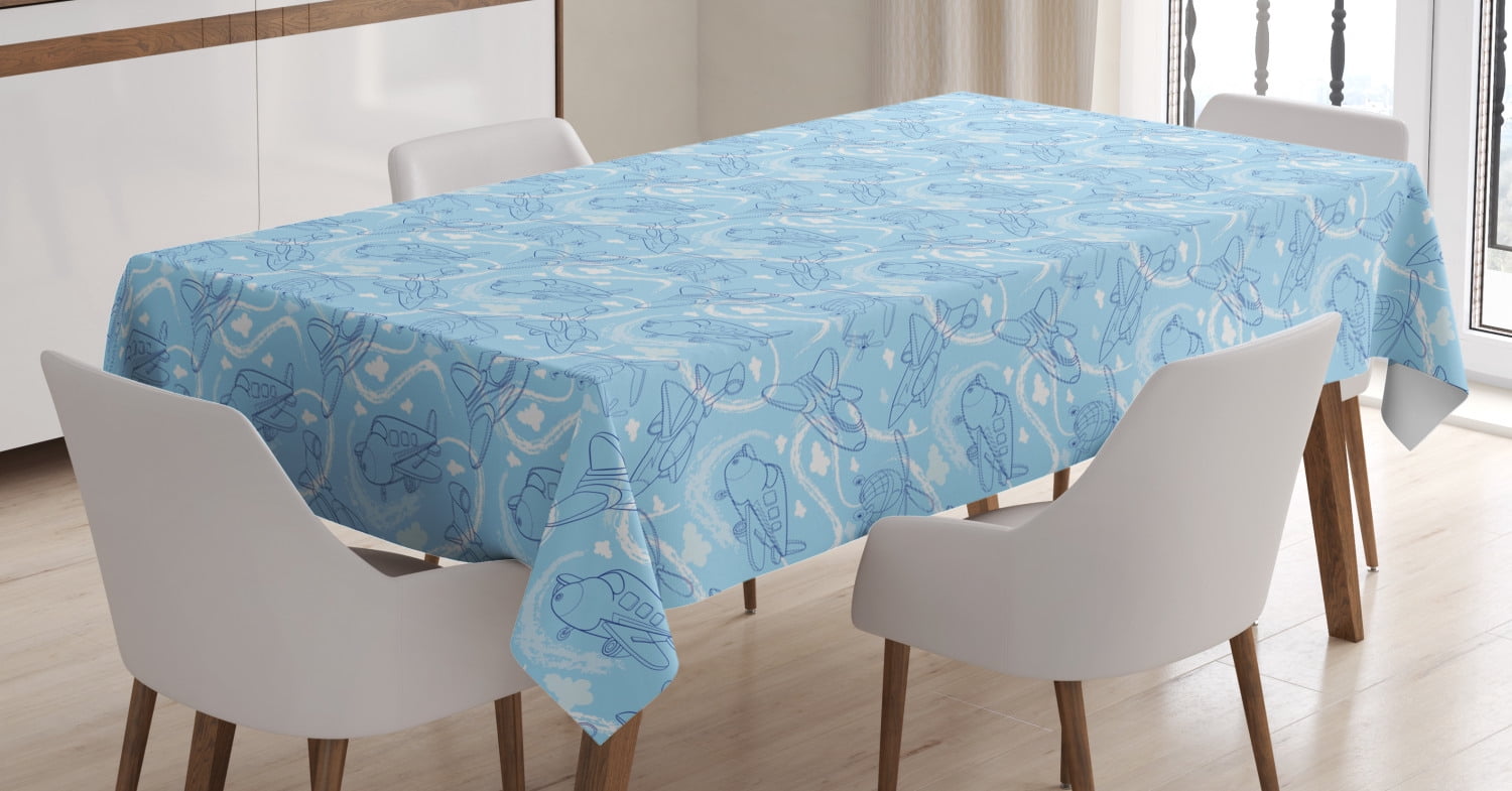 Nursery Airplane Tablecloth, Blue Background with Cloudy Sky Pattern ...