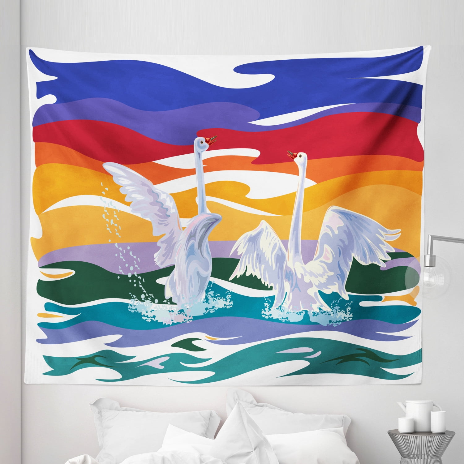 Animal Tapestry, Funky Style Image Swan Couple Swimming in Sea Rainbow ...