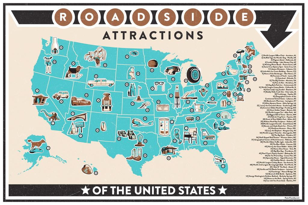 Roadside Attractions of America Map Chart USA Road Trip Travel Guide ...