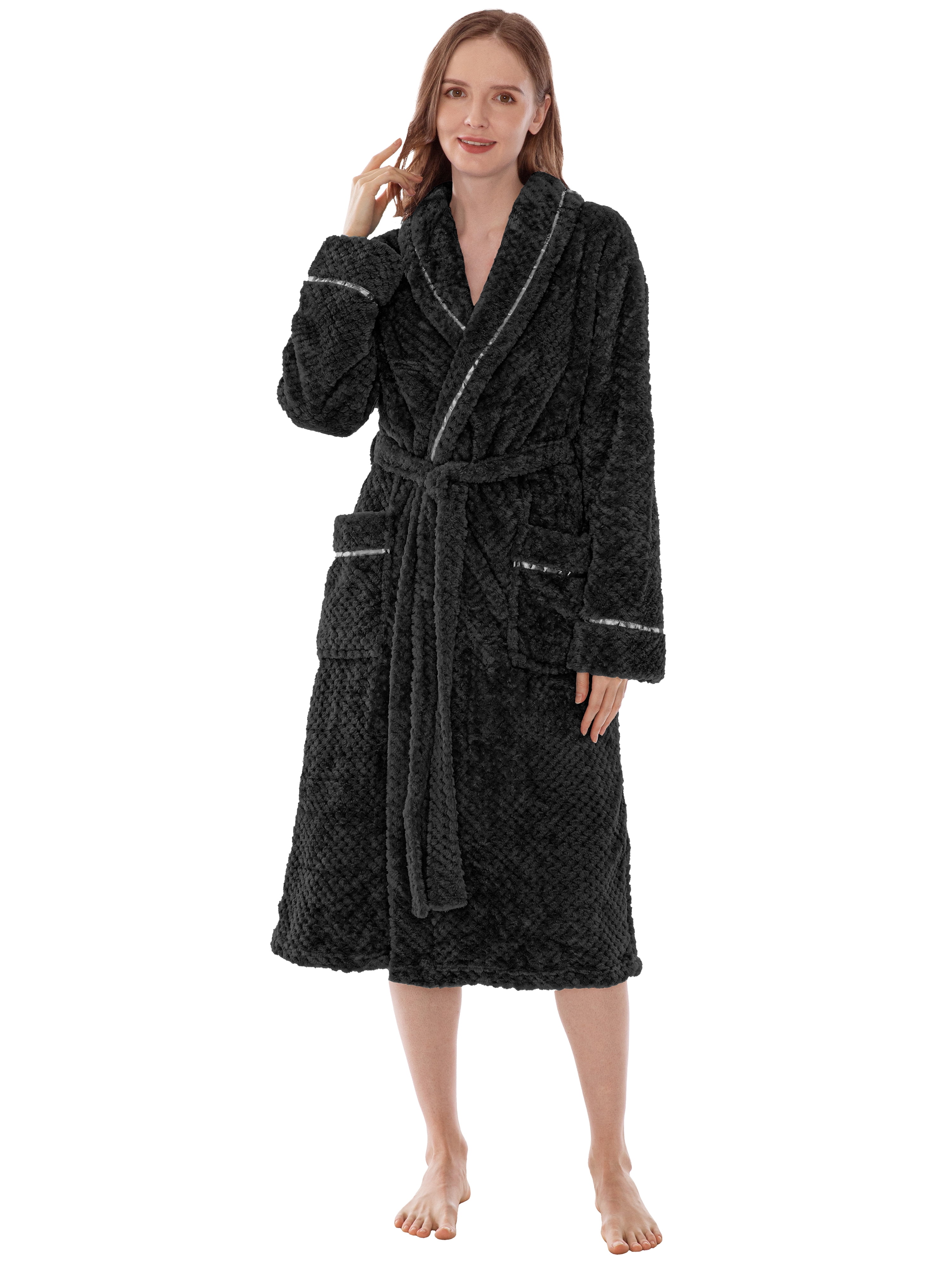 PAVILIA Women Plush Fleece Robe, Black Soft Textured Bathrobe, Lady ...