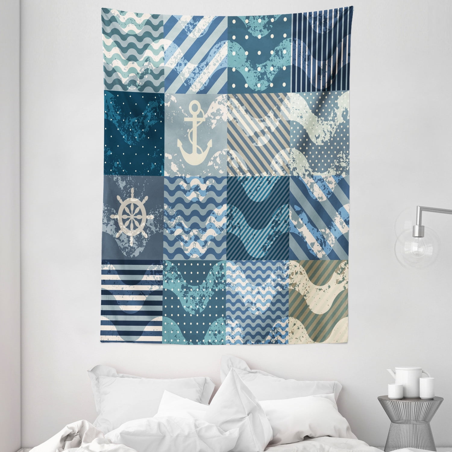 Nautical Tapestry, Marine Theme Wave Patterns in Patchwork Style Boxes ...