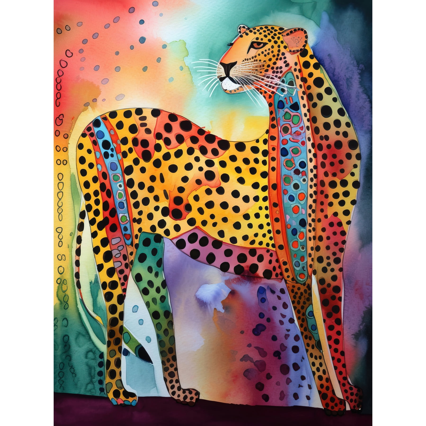 Colourful Cheetah Folk Art Watercolour Painting Unframed Wall Art Print ...