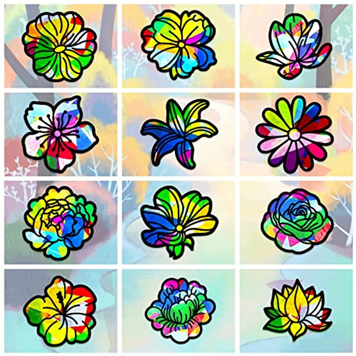 24 Pcs DIY Stained Flowers Stained Glass Effect Paper Suncatchers ...