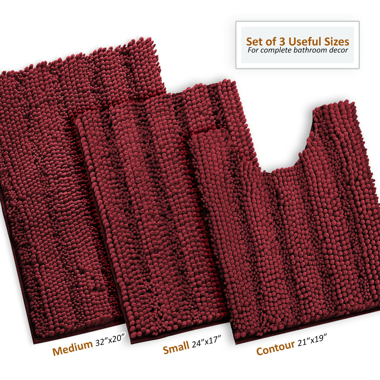 Anti-Slip Chenille Bath Rug 3 Piece, Super Absorbent Bath Mats Set ...