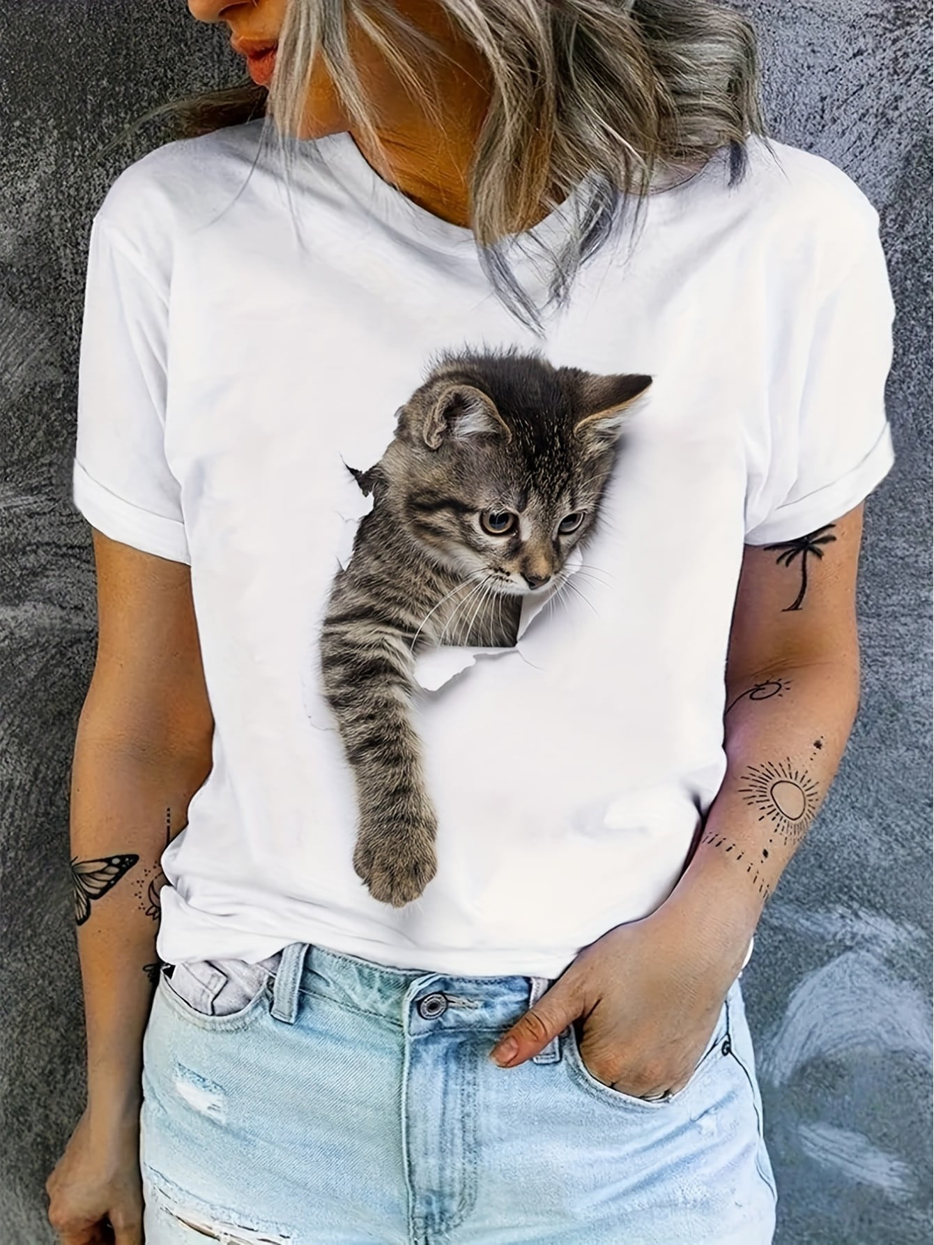 Cute Cat Print T-Shirt Crew Neck Short Sleeve T-Shirt Casual Every Day ...