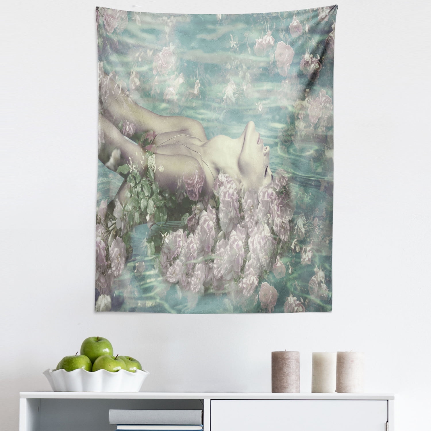 Women Tapestry, Pastel Colored Composition of Lady with Wild Roses in ...
