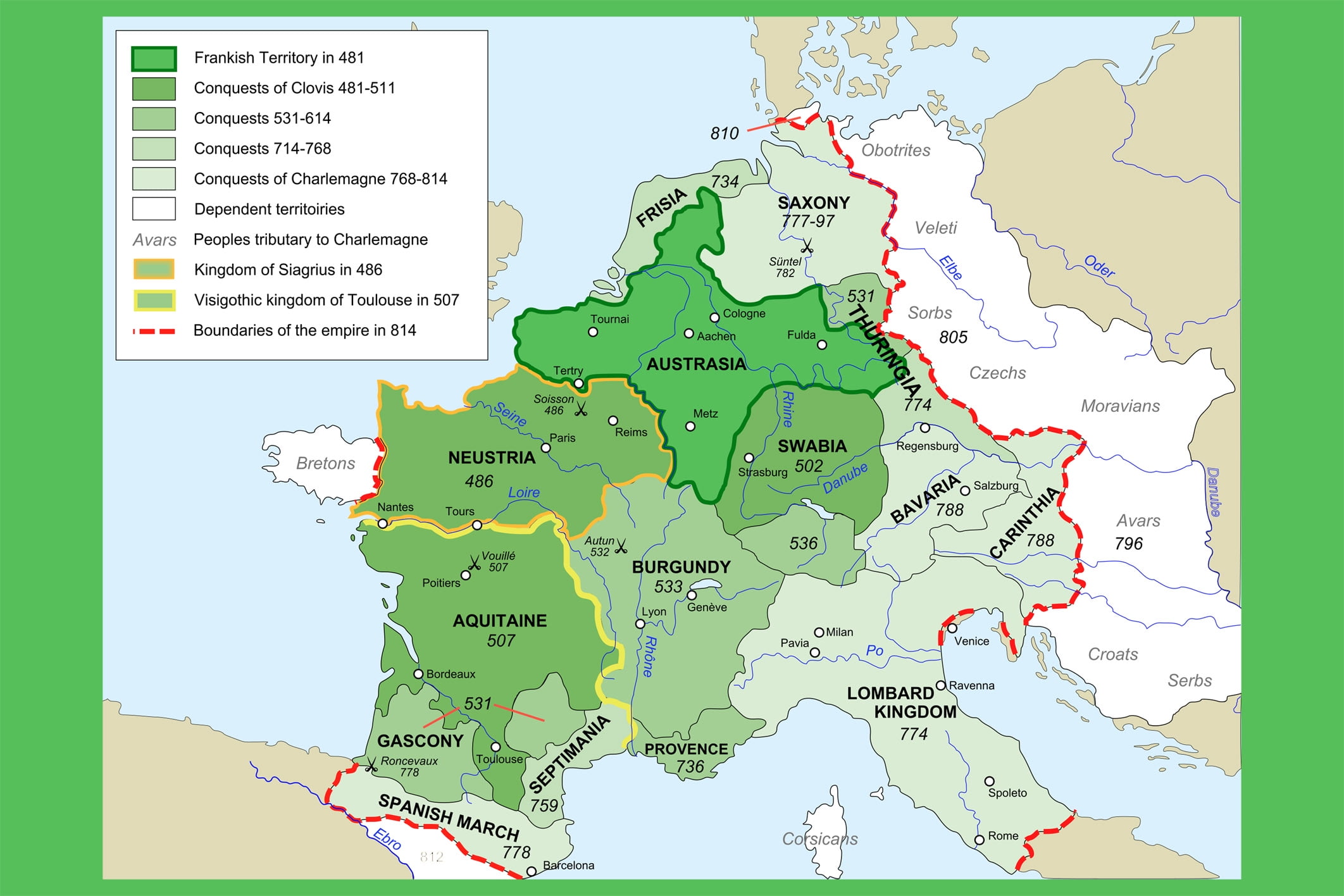 24x36 gallery poster, Map of Charlemagne's additions to the Frankish ...