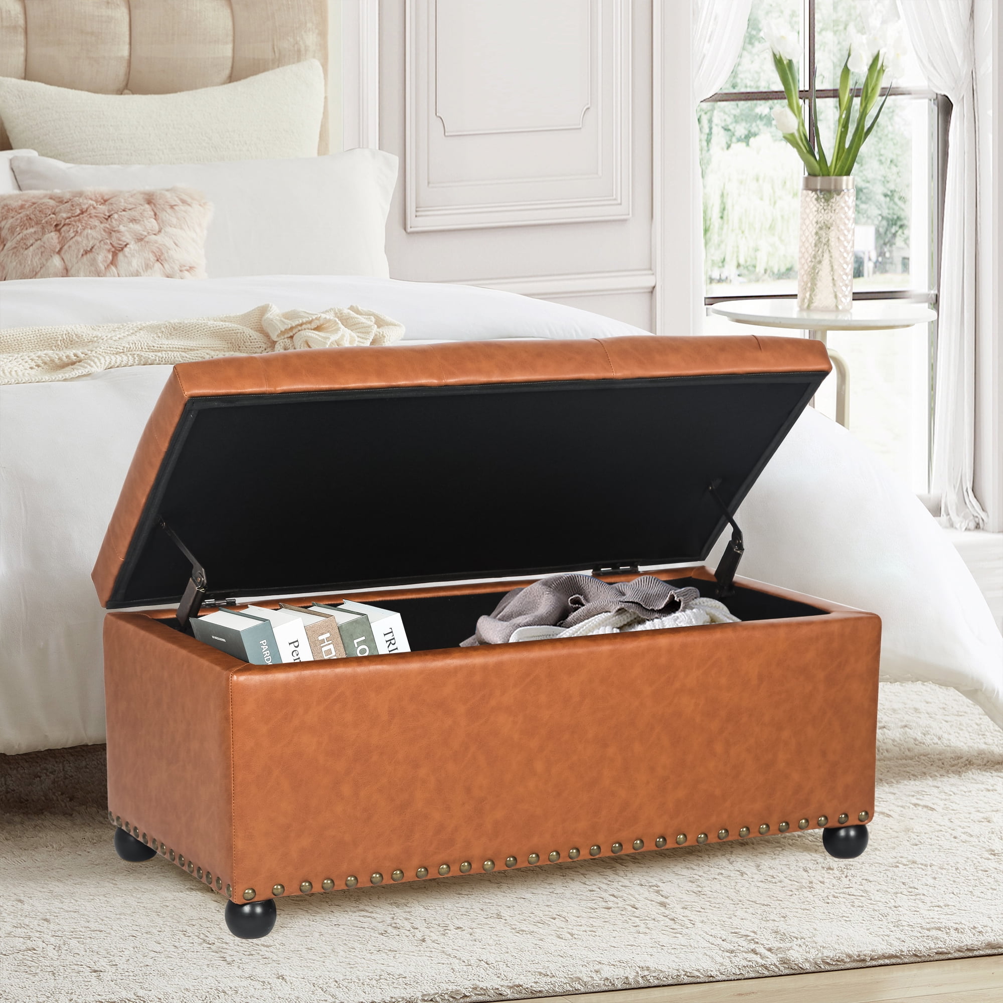 Homebeez Rectangular Faux-Leather Storage Ottoman Bench Folding Storage ...