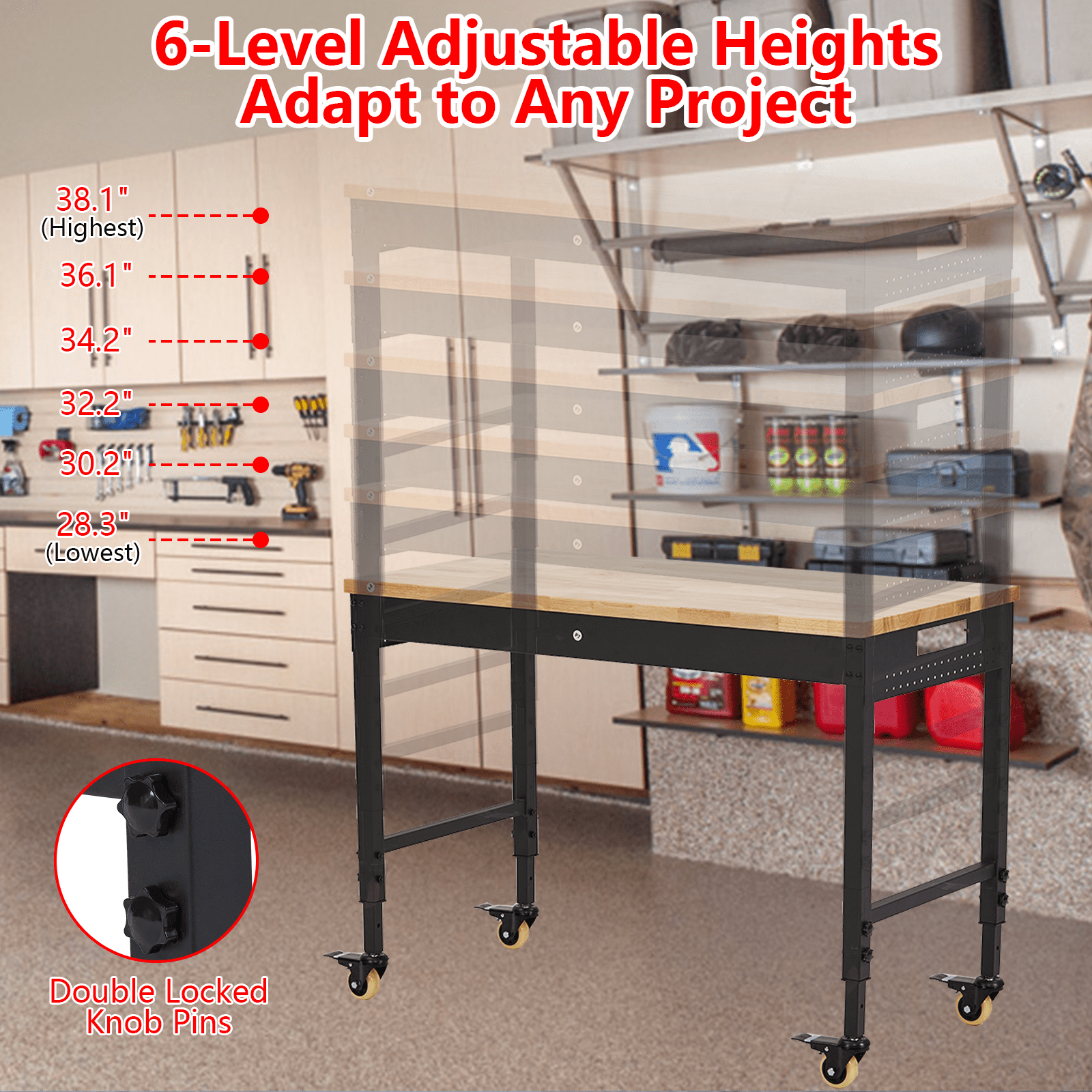 48" Adjustable Work Bench with Wheels, 2000 Lbs Capacity Rubber Wood ...