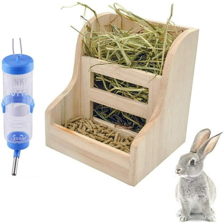 2 Pack Rabbit Hay Feeders Rack,Bunny Water Bottles Dispenser,Wooden Hay ...
