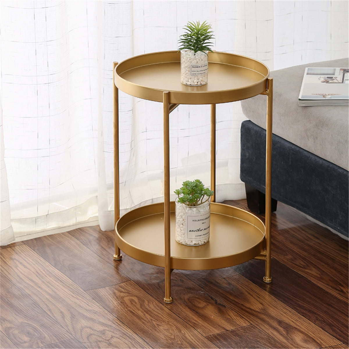 Double-Layer End Table, Round Accent Coffee Side Table, Anti-Slip Foot ...