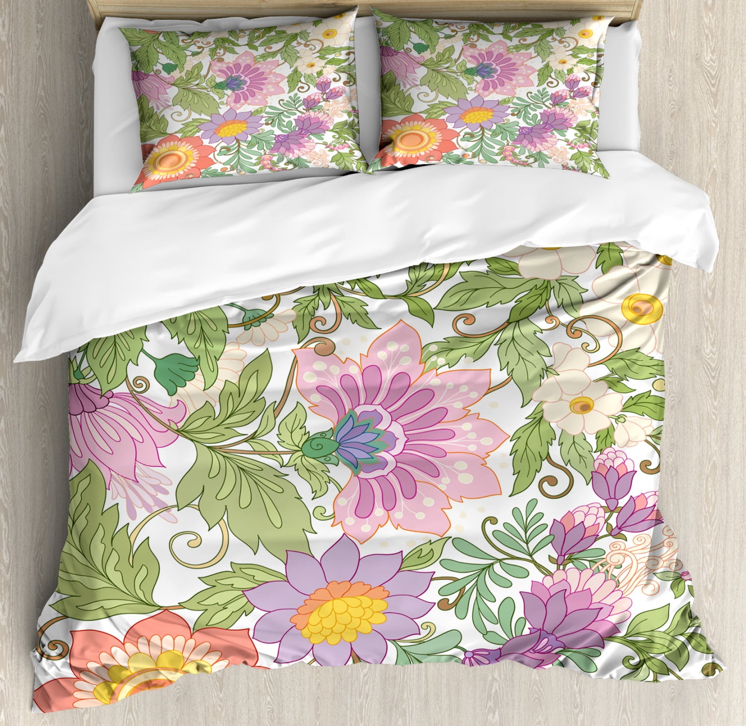 Floral Duvet Cover Set King Size Vintage Pastel Illustration Of Leaves