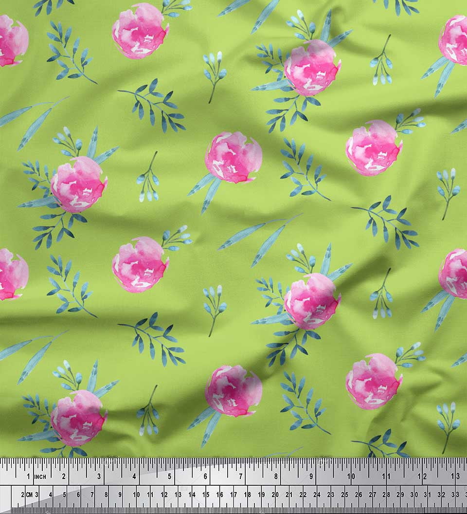 Soimoi Green Velvet Fabric Flower & Leaves Watercolor Print Fabric by ...