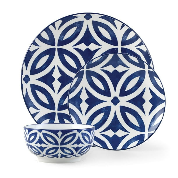 Mainstays Glazed Blue pattern Stoneware Dinnerware Set, 12-Pieces, 12 ...
